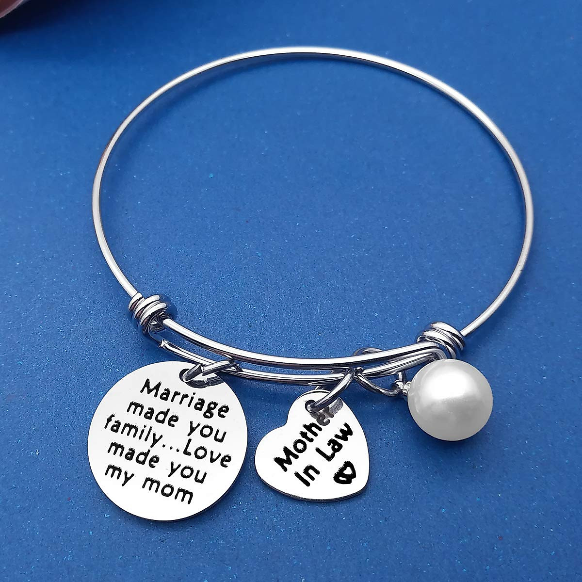 Mother-In-Law Gift Charm Bracelet Adjustable Marriage Made You Family Love Made You My Mom Wire Bangle Bracelet Keychain for Stepmom Mother of the Groom Mother of the Bride Birthday Wedding
