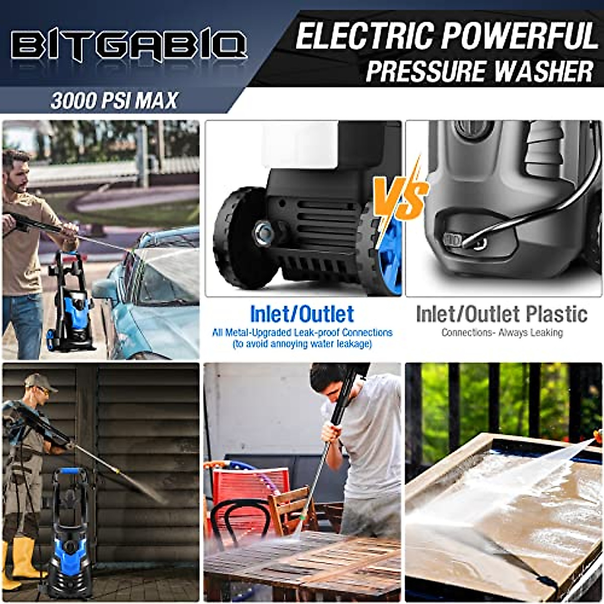 Power Washer, 3000PSI Pressure Washer 2.6GPM 1900W Electric High Pressure Washer Professional Car Washer Cleaner Machine with Hose,4 Nozzles for Patio Garden Yard Vehicle