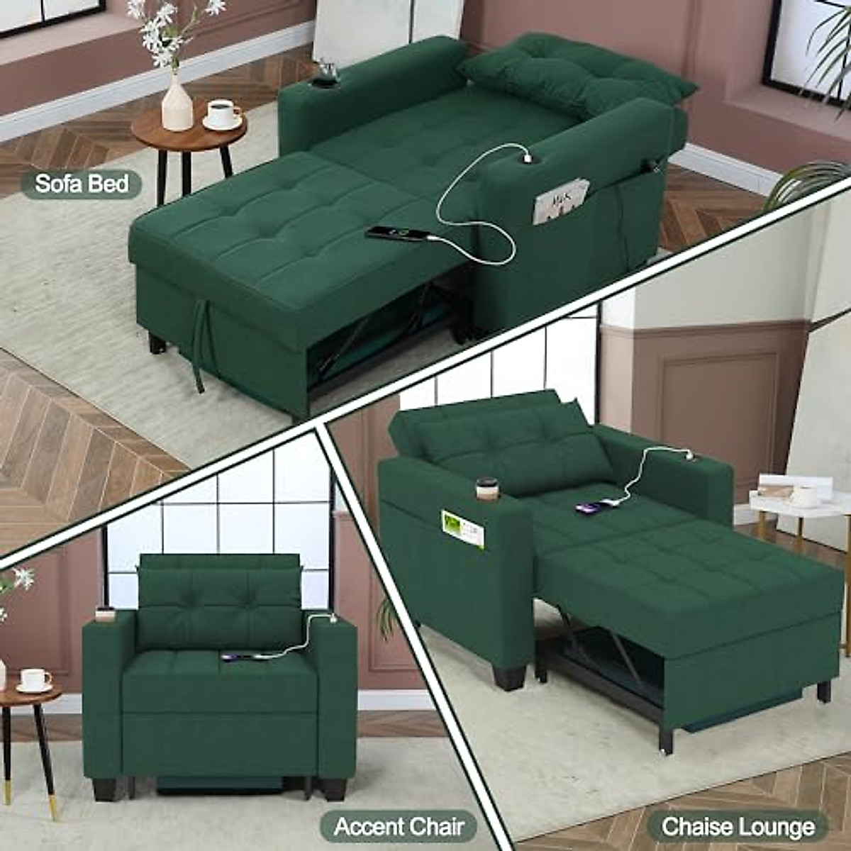 DURASPACE 39 Inch Sleeper Chair 3-in-1 Convertible Chair Bed Pull Out Sleeper Chair Beds Adjustable Single Armchair Sofa Bed with USB Ports, Side Pocket, Cup Holder (Forest Green Linen)