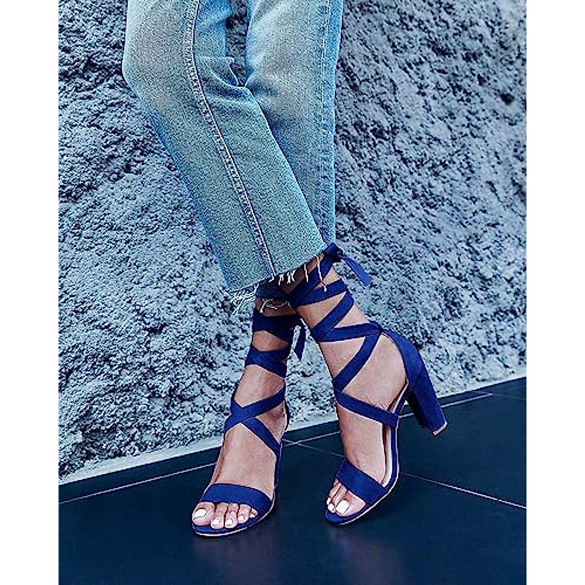 Huiyuzhi Womens Lace Up High Heeled Sandals Chunky Block Ankle Strappy Pumps Dress Party Shoes