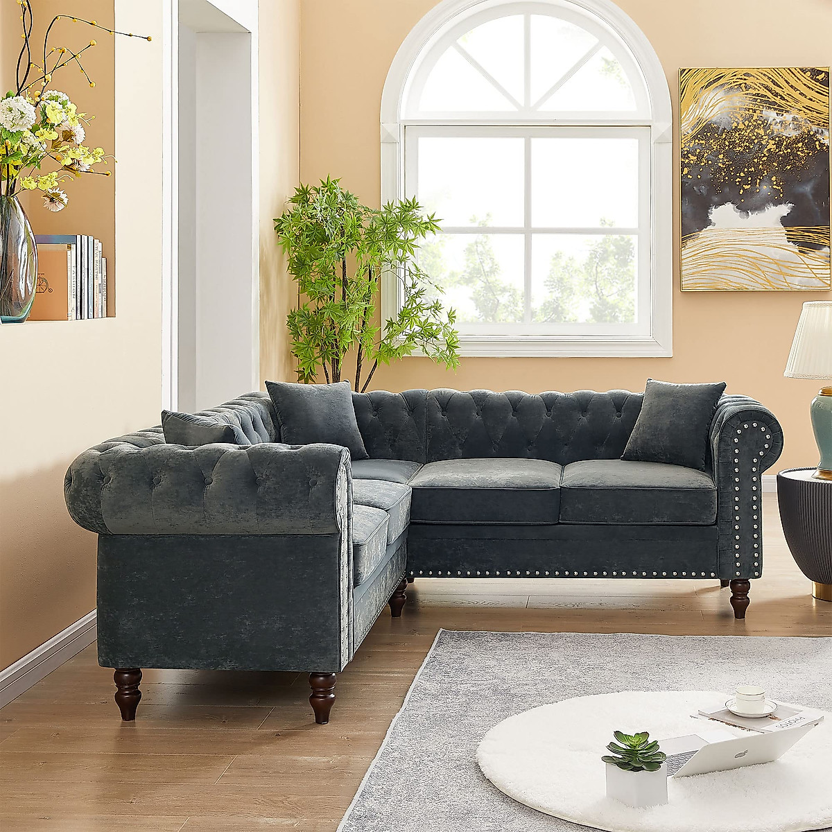 Merax L-Shaped 80" Deep Sofa Couch, Luxury Classic Chesterfield L-Shaped Velvet Sofa, Button Tufted Upholstered Sectional Corner Sofa with 3 Pillows and Solid Wood Gourd Legs