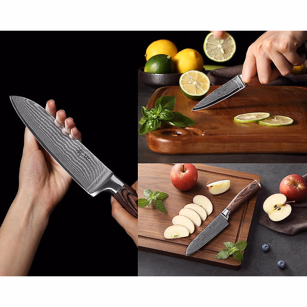 Wakoli Damascus Kitchen Knife Set, 3 Pieces Professional Chef Knife Set made from 67 Layers Damascus Steel with VG10 Core, Knives Set for Kitchen with Pakkawood Handles in Wooden Gift Box (EDIB 3-pcs)