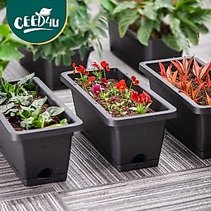 CEED4U Window Box Planter, 17 Inches 3 Packs Black Rectangular Planters Box with Saucers and 15Pcs Plant Labels, Self-Watering Drainage Holes, Windowsill Decor Outdoor Indoor Plastic Long Pots