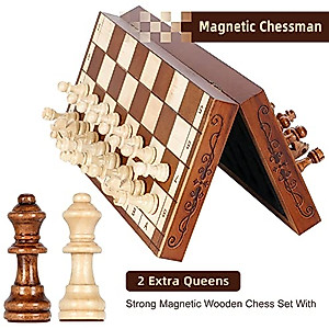 Syrace Magnetic Chess & Checkers Set Board Games, Kids and Adults Wooden Foldable Hand Carved Portable Travel Chess Board Game Sets with Game Pieces & Storage Slots 15.74"