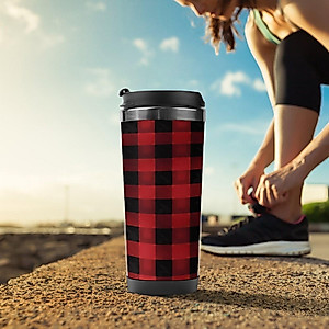 Red Black Buffalo Check Plaid Pattern Travel Coffee Mug 12.85oz Insulated Coffee Tumbler 304 Stainless Steel Thermos for Travel Fitness Outdoor Activities Coffee Shop Office Home