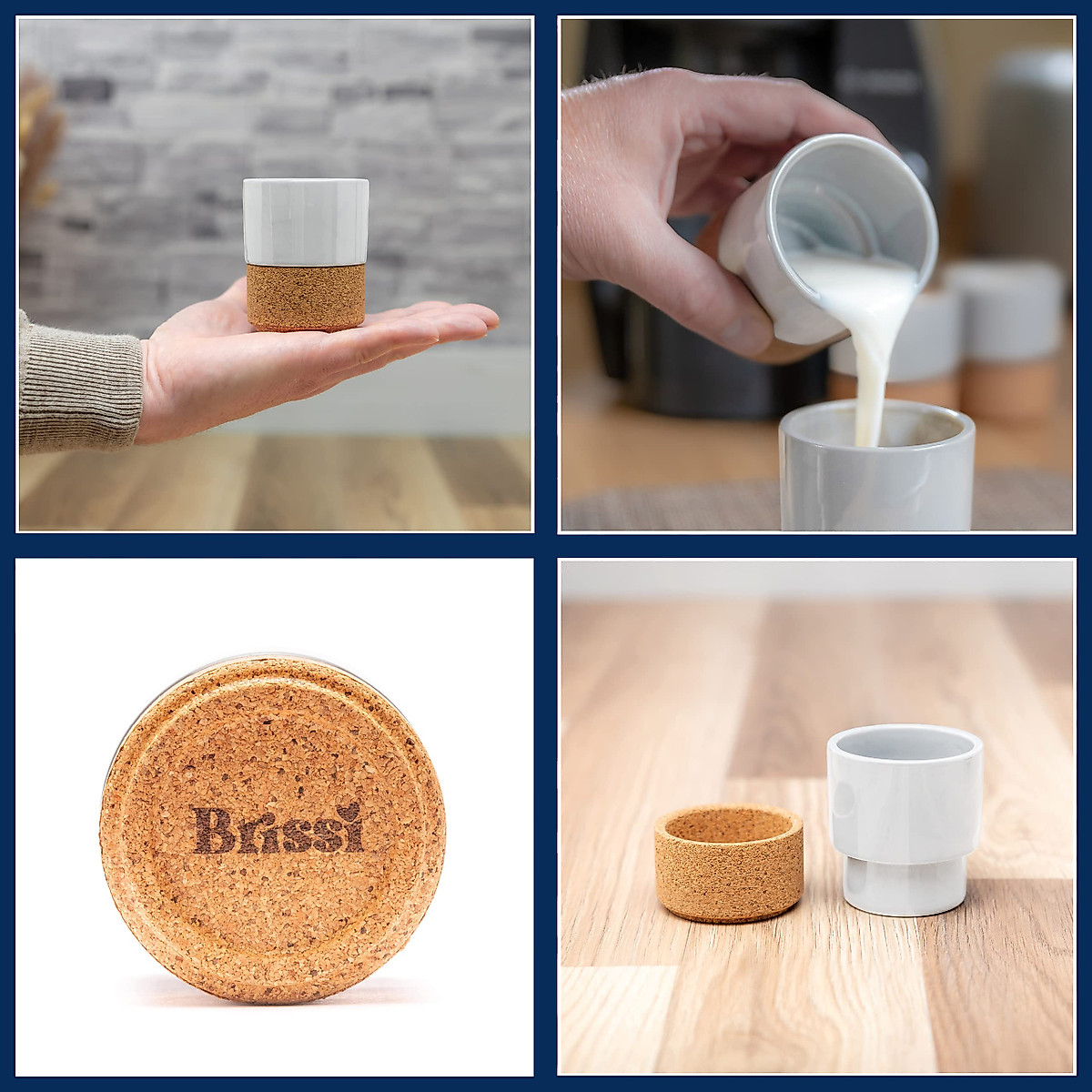 White Double Espresso Cups Set of 4 - Removable Cork Insulating Base Ceramic Coffee Cup Mug 4oz with Removable Cork Sleeve - Stackable - Handleless