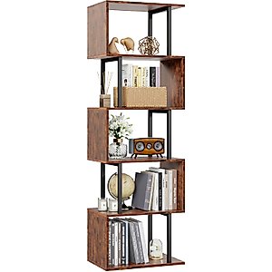 Furologee 6-Tier Bookshelf, Tall S-Shaped Geometric Bookcase, Industrial Freestanding Display Shelf Unit, Wood and Metal Decorative Room Divider for Living Room Bedroom, Home Office, Rustic Brown