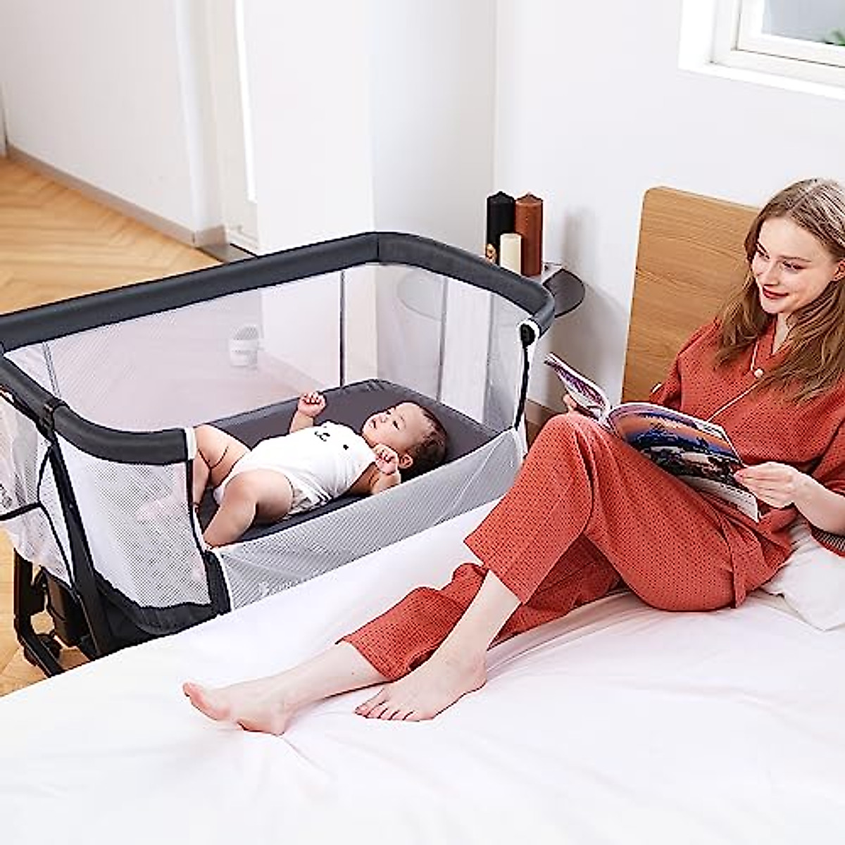 zebrater Baby Bassinet Bedside Sleeper with Storage Basket and Wheels,All Mesh Bedside Bassinet for Baby,7 Adjustable Height Portable Bedside Crib Co Sleeper for Newborn/Infant(3 in 1,Black)