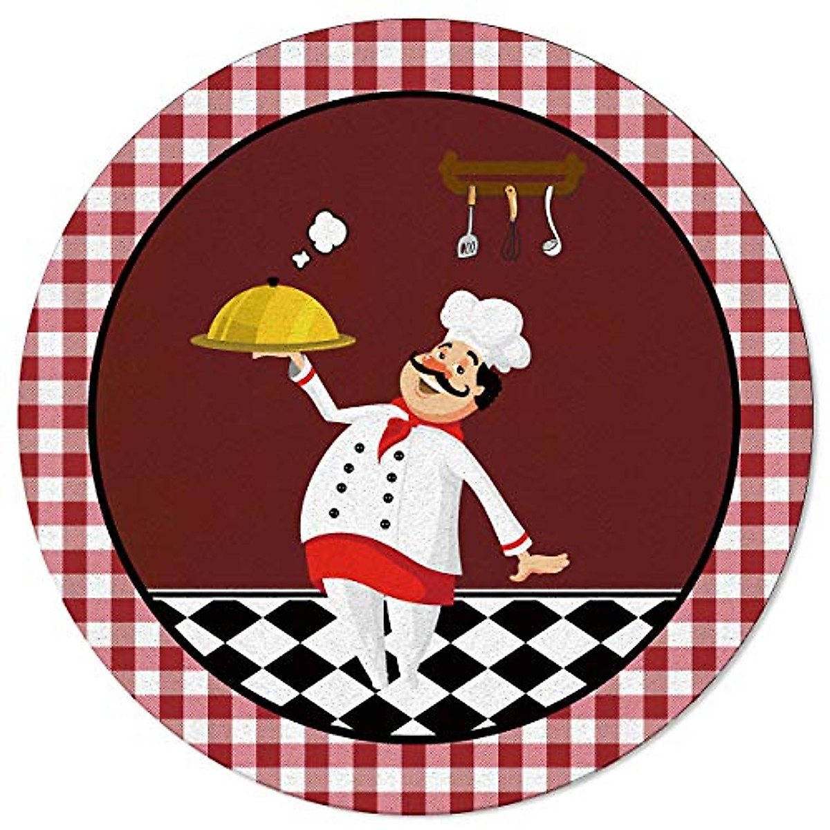 Singingin Round Area Rugs for Kids Room Kitchen Chef Gourmet Knife Fork Check Throw Rug Non-Slip Soft Floor Carpet Mat for Nursery, Living Room, Bedroom, Modern Home Decor 3 Feet Diameter