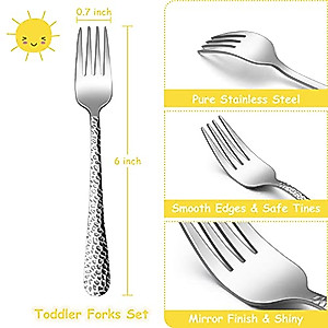 TeamFar Toddler Forks, Stainless Steel Toddler Utensil Silverware Baby Forks for Self Feeding at Home & Preschool, Healthy & Non Toxic, Mirror Polished & Hammered Handle, Dishwasher Safe, Set of 6