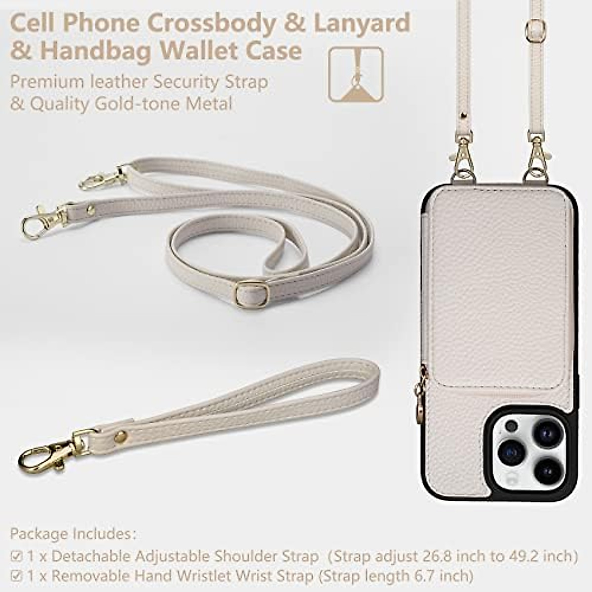 Keallce Case for iPhone 14 Pro Max 6.7'' Wallet Case, Crossbody Zipper Handbag with RFID Blocking 10 Card Slot Kickstand, Detachable Shoulder & Wrist Strap Protective Cover for iPhone 14 Pro Max,Beige