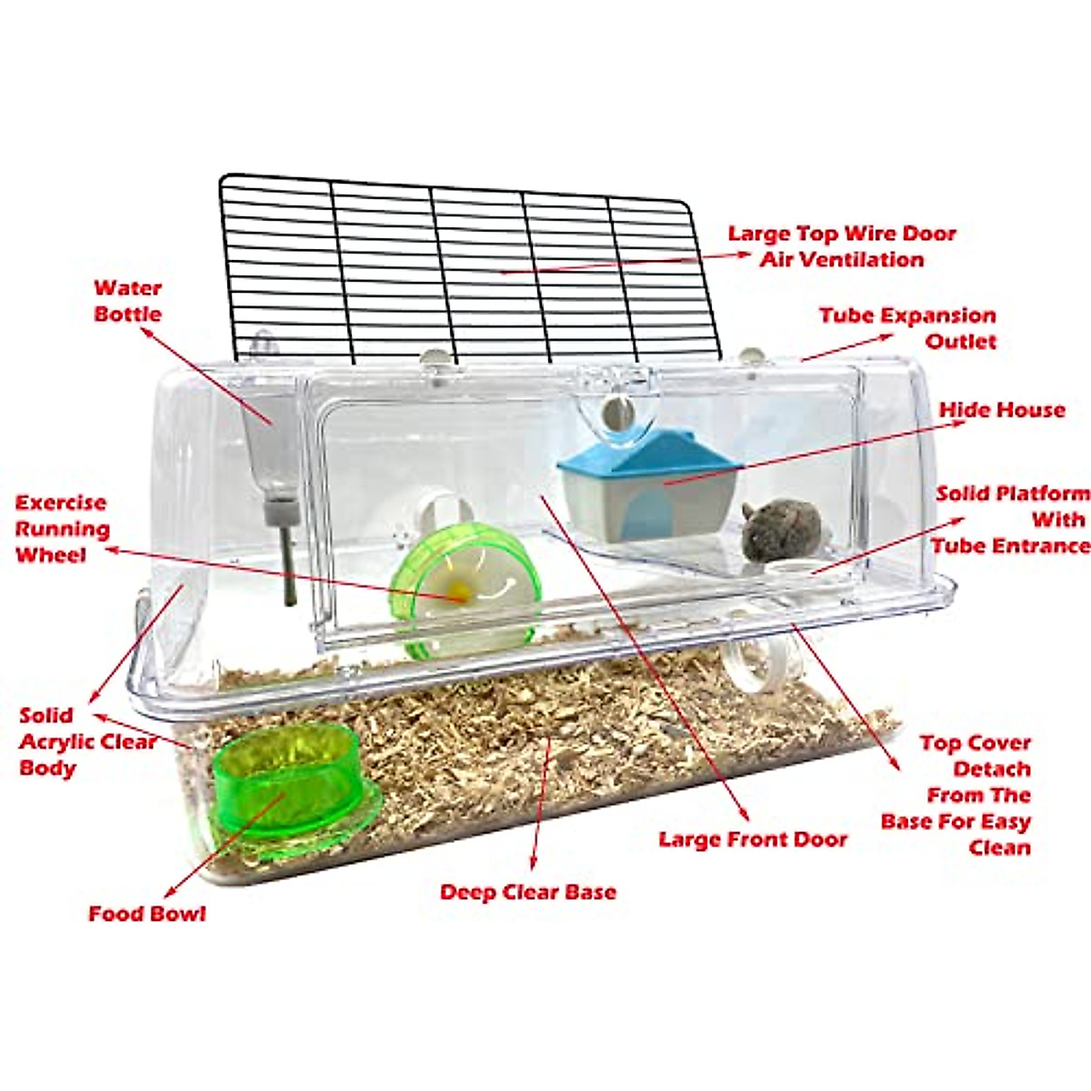 Deluxe 2-Tiers Acrylic Dwarf Hamster Home Mouse Gerbil Palace Rat Habitat Cage Running Wheel Water Bottle Food Bowl (19" x 12" x 11"H, Acrylic Clear)