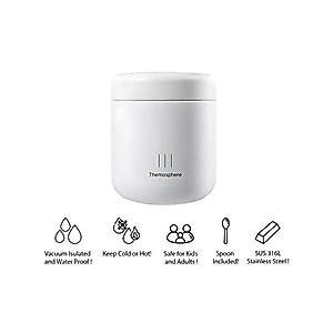 Themosphere Insulated Lunch thermos - Supreme Stainless Steel 316 - Hot Food Jar 17.5 oz Bento Lunch BoxKids and AdultSpoon - Leak Proof Hot Cold FoodSchool and Office T1 White 10x10x13cm