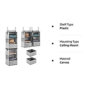 YOUDENOVA Hanging Closet Organizers with Drawers, Two 3-Shelf Separable Closet Hanging Shelves for Dorm, RV, Canvas, Grey