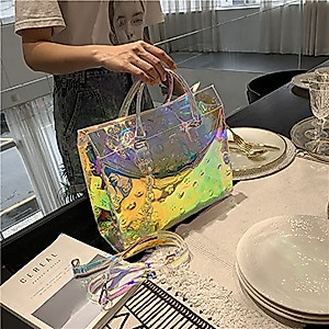 XinMaJiaSnail Women Holographic Tote Handbag Rainbow Colorful Clear Travel Bag Large Square Backpack