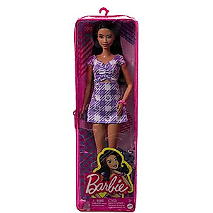 Barbie Fashionistas Doll #199 with Tall Body, Wavy Black Hair, Gingham Cut-Out Dress & Accessories