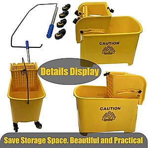 HQHAOTWU Mop Bucket Thickened Plastic Extrusion Water Bucket 20L Commercial Mop Extrusion Water Bucket Yellow Wastewater Separation Draining Bucket with Universal Castors Handle Drainage Outlet