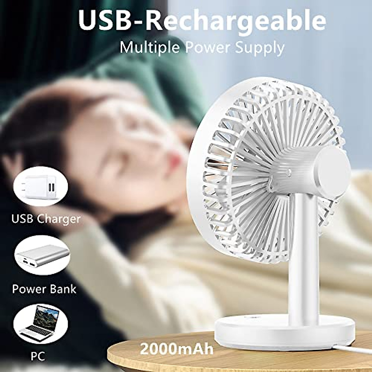 SOARCHICK 5.5-Inch Small Fan for Desk Portable USB Personal Fan Rechargeable Battery Mini Table Fan 3 Speeds Powerful Wind 45° Manual Adjustable Desktop Quiet Fan for Office Home Bedroom