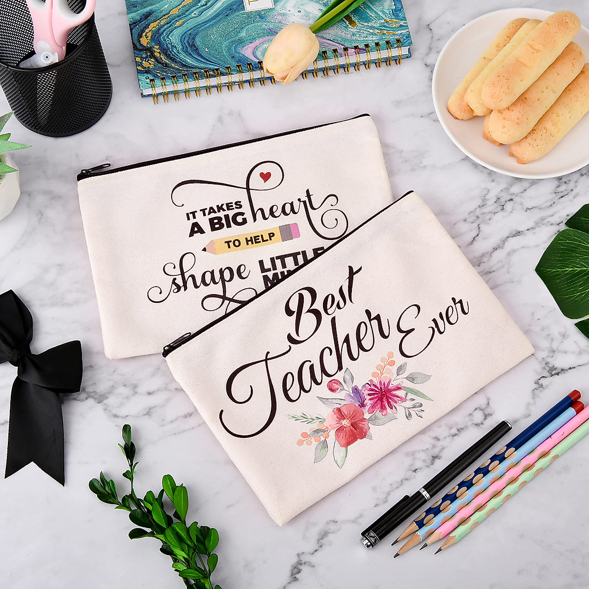 Hlonon 8 PCS Teacher Gifts Makeup Bags Cosmetic Travel Carrying Case Toiletry Pouch with Zipper in 2 Unique Designs, Teacher Appreciation Gifts, 9 x 6 Inch