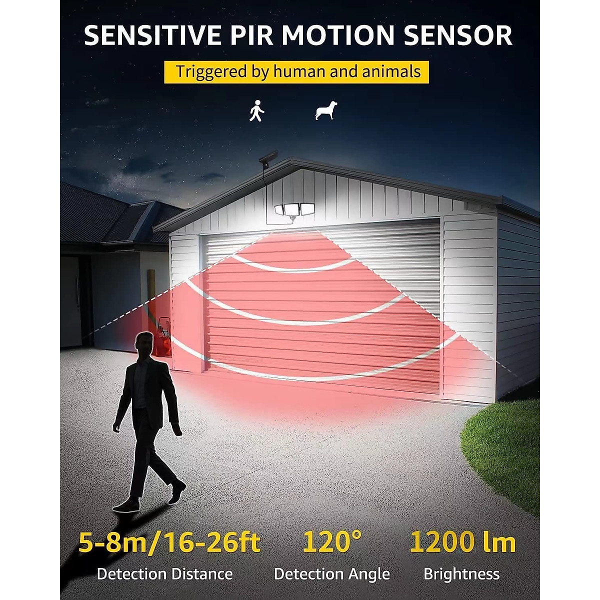 Solar Lights for Outside, WL5000 Motion Activated Security Lights, Separate Solar Panel, 3 Adjustable Head 270° Wide Lighting Angle, IP65 Waterproof Wall Lamp for Porch Yard Garage, 2 Packs