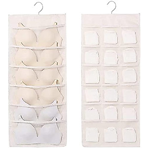 ST-BEST-P Bra and Underwear Hanging Storage Organizer Mesh Pockets Dual Sided Wall Shelves Space Saver Bag Sock Underpants Drawer Closet Clothes Rack (Beige:(6+18 Pockets))