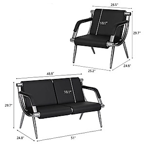 Kinsute 3 PCS Office Reception Chairs 4-Seats Waiting Room Chairs for Salon Barber Bench Airport Bank Hall Visitor Guest Black PU Leather Sofa