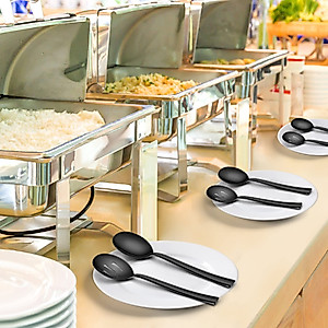LIANYU 2 Black Serving Spoons, 2 Black Slotted Serving Spoons, 2 Black Serving Forks, 8.6 Inch Stainless Steel Metal Serving Spoons Forks for Buffet Catering Banquet, Dishwasher Safe