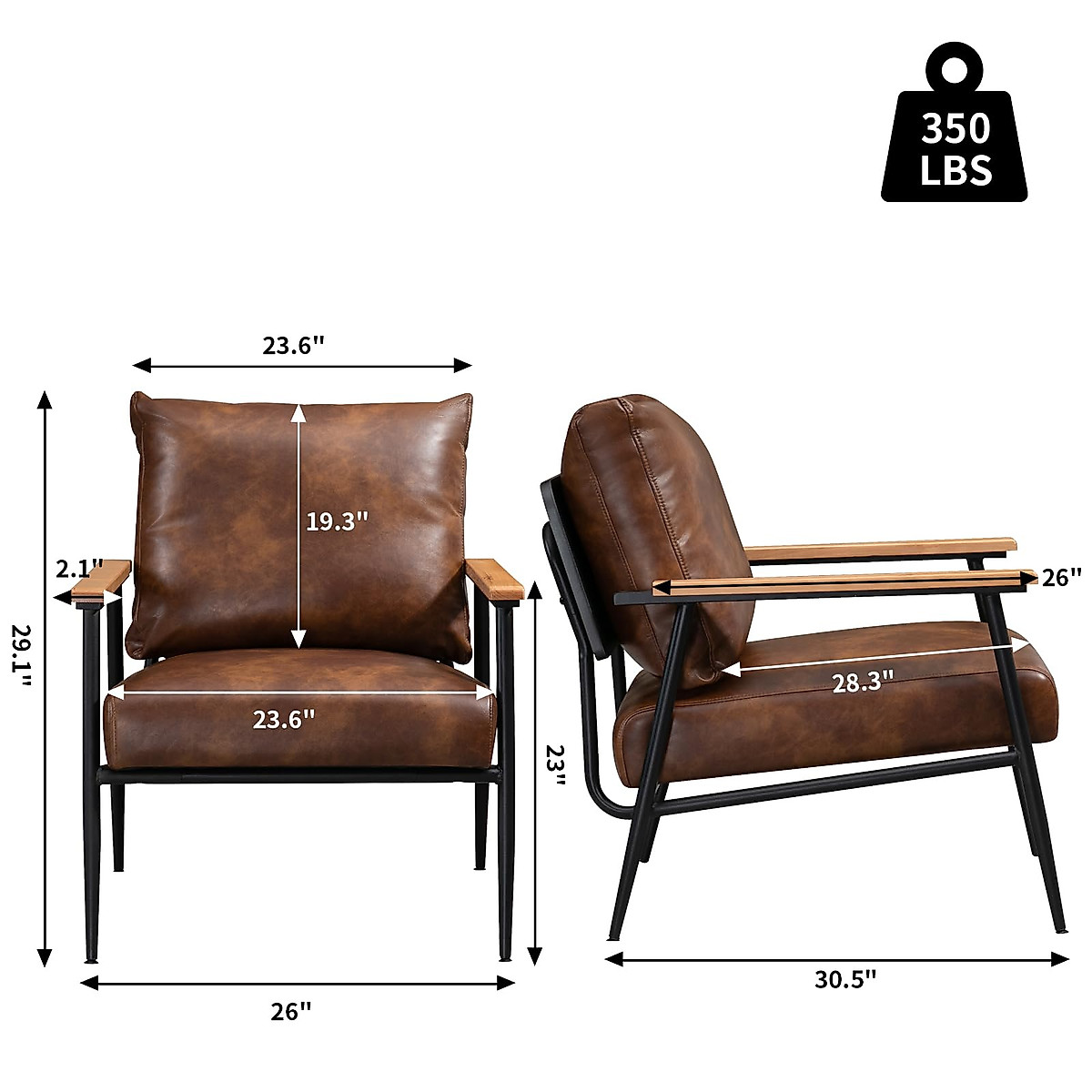 GYI Brown Leather Accent Chair Set of 2, 23.6'' Wide Armchair Set of 2, Industrial Black Metal Frame Accent Chairs with Wood Arms for Living Room, Bedroom