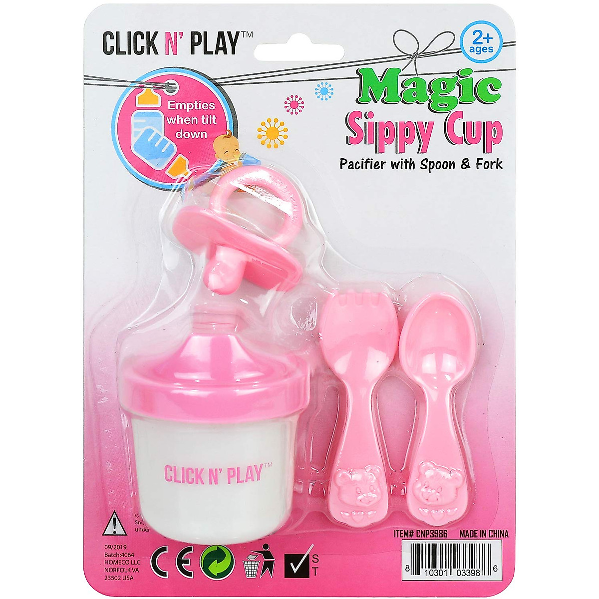 Click N' Play Magic Disappearing Sippy Cup & Doll Pacifier Set, Baby Doll Bottle with Milk, Accessories for Kids Ages 2-4, Pink