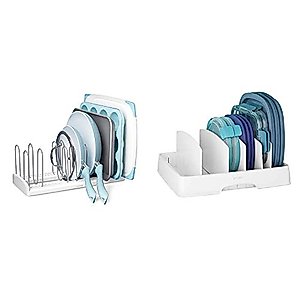 YouCopia StoreMore Adjustable Rack Cabinet Organizer for Pans Sheets and Pot Lids, Large, White & StoraLid Food Container Lid Organizer, Tall Dividers, White