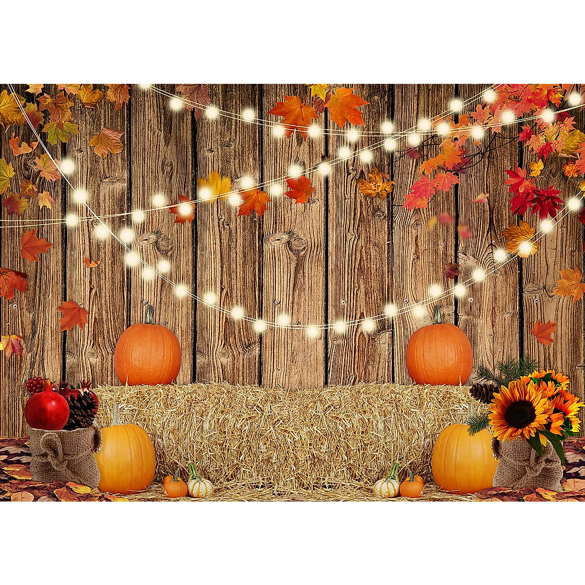 LYWYGG 7x5FT Fall Thanksgiving Photo Backdrop Autumn Retro Board Backdrops Wooden Fence Haystack Pumpkin Photo Background Thanksgiving Party Decorations Studio Photography Props CP-367 Yellow