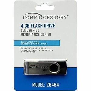 Compucessory 26464 Flash Drive, USB, 4GB, Black/Aluminum