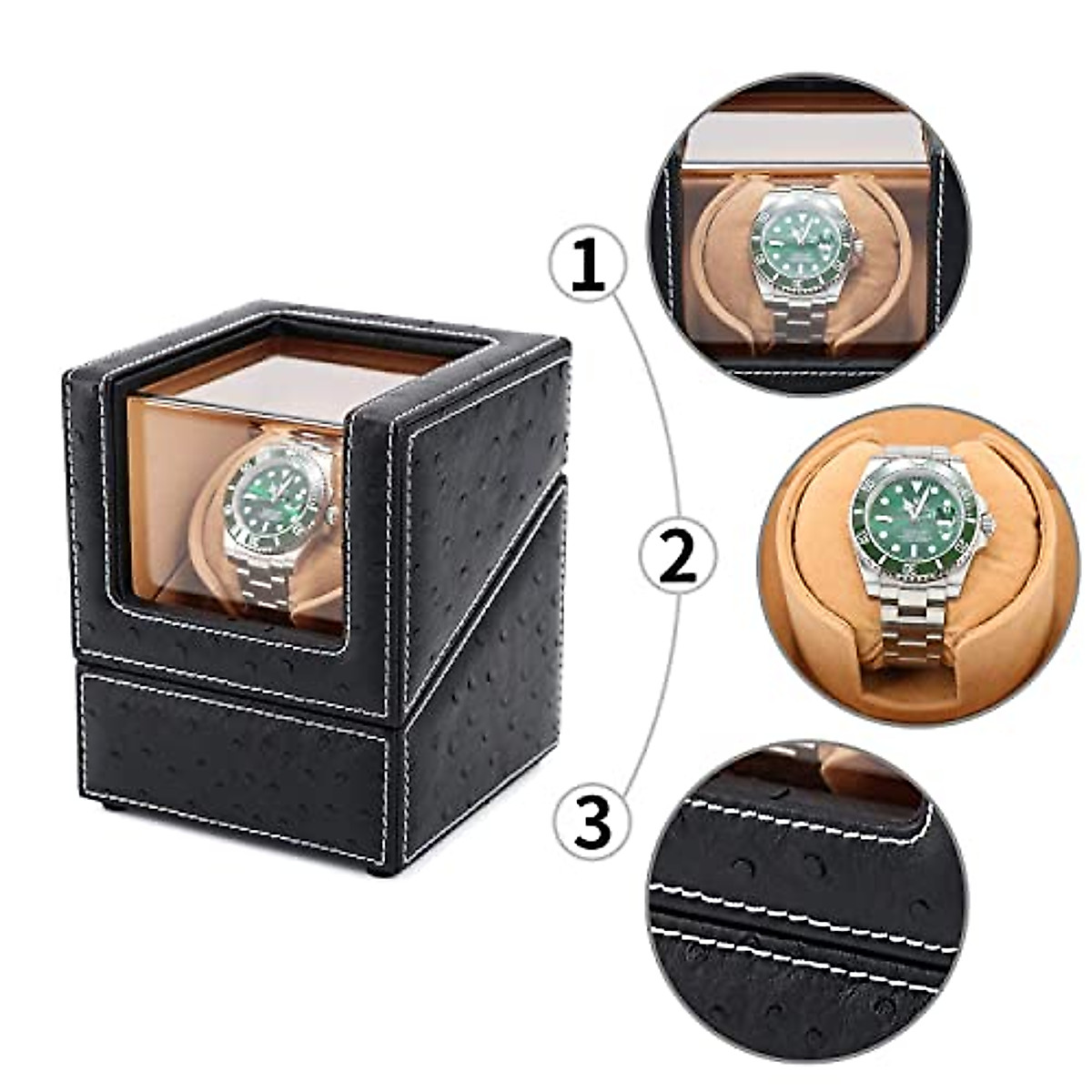 DRIKLUX Automatic Single Watch Winder for Rolex and Other Luxury Watches - Automatic Winder with Quiet Motor, Premium Black Ostrich Leather Exterior and Soft Flexible Watch Pillows of Camel Velvet