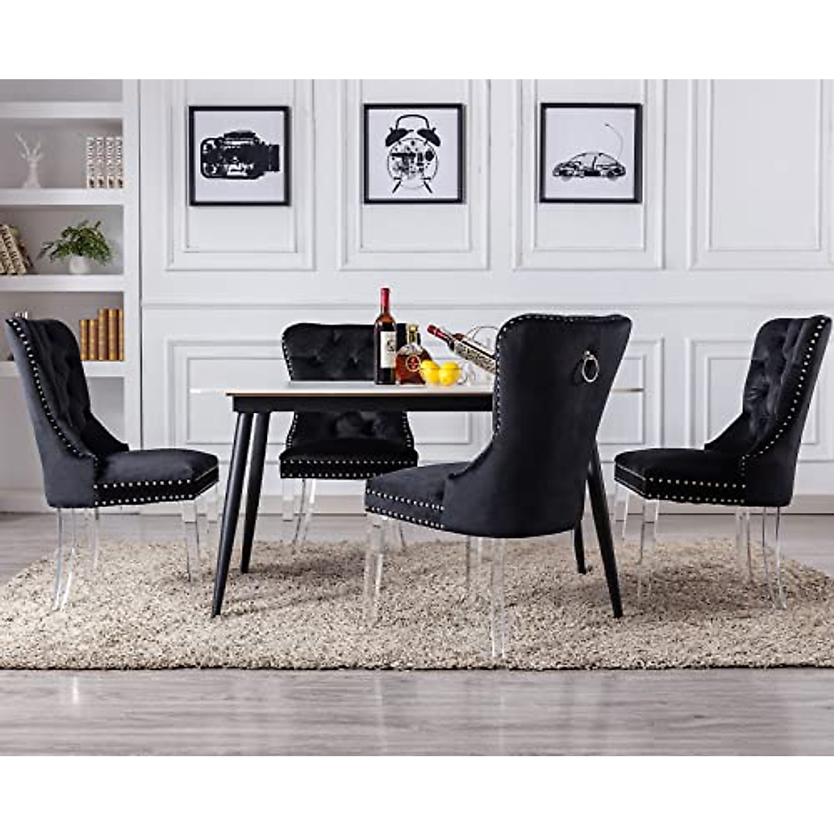 Kmax Velvet Elegant Upholstered Dining Chairs, Armless Accent Chair with Ring Pull Acrylic Legs, Set of 2 - Black