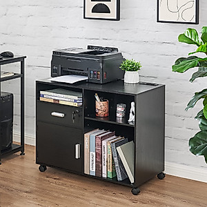 ANWBROAD Mobile File Cabinet with Charging Station & USB Ports, Rolling Printer Stand Filing Cabinets Lockable Storage Cabinet with Open Storage Shelves Drawers Home Office UBJG001H