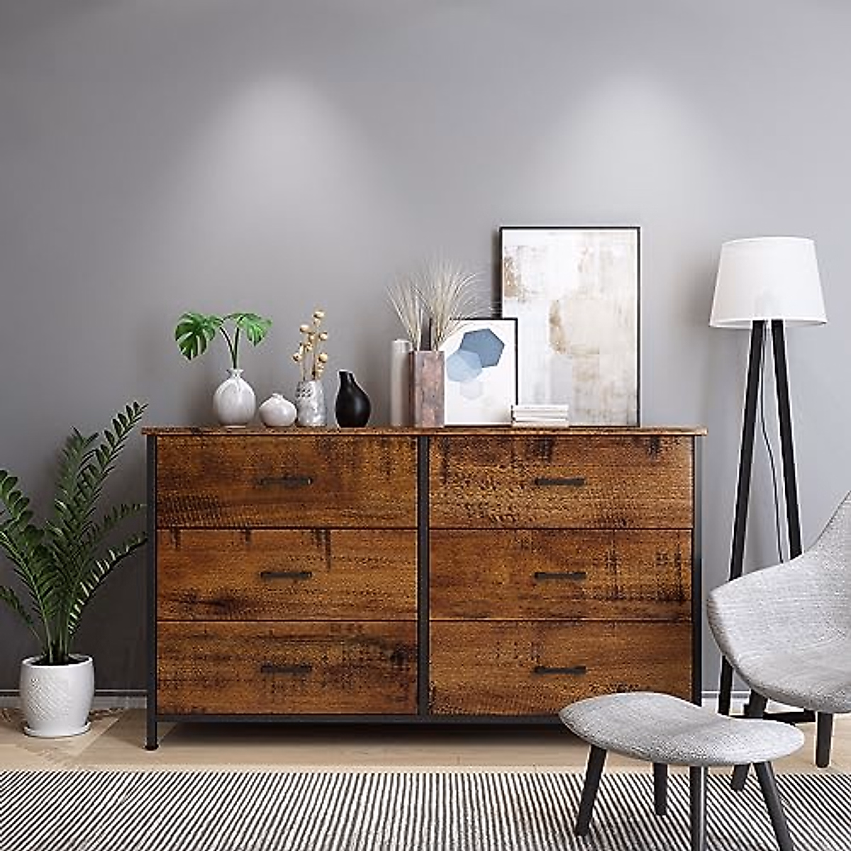 IKENO 6 Drawer Double Dresser, Industrial Wood Storage Dresser Clothes Organizer with Sturdy Steel Frame, Storage Dresser for Bedroom