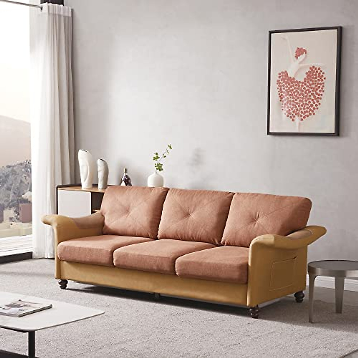 Myshle, Futon Sleeper Sofa Bed Mid-Century Modern Linen Fabric Faux Leather Sectional Couch for Living Room with 6 Wood Legs and 2 Removable Storage Boxes, Red Brown