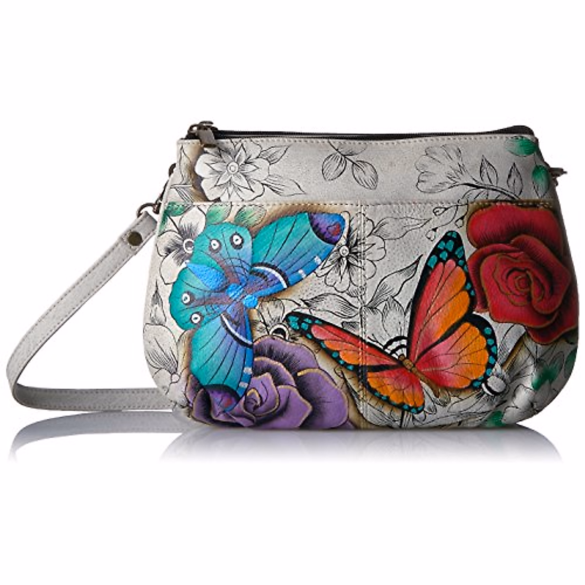 Anna by Anuschka Women's Genuine Leather Small Multi-Compartment Cross Body | Zip-Top Organizer with Outside Pockets | Floral Paradise
