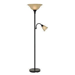 Benjara Metal Body Torchiere Floor Lamp with Attached Reading Light, Black