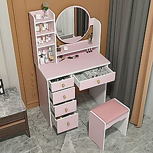 FAMAPY Vanity Desk with Mirror, Makeup Vanity with Drawers, Vanity with Mirror & Shelves, Cushion Stool, for Bedroom Pink (31.5”W x 15.7”D x 53.1”H)