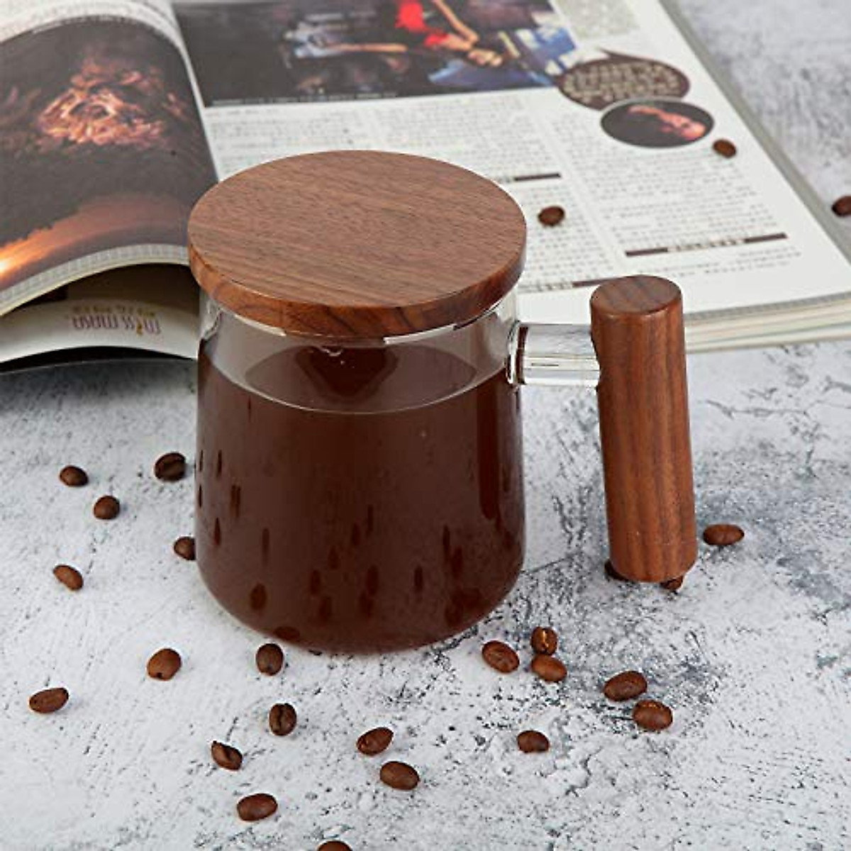 COMI Glass Coffee Mugs, Clear Coffee Mugs with Walnut Lid&Handle，Wide Mouth Extra Large Capacity Cup, Perfect for Latte, Mocha, Cappuccino, Tea and Juice, Microwave Safe(15oz/450ml)