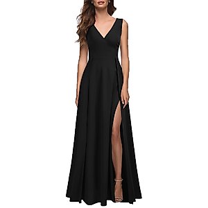 MUSHARE Women's V Neck Sleeveless Split Formal Dress Cocktail Party Prom Long Dresses Black
