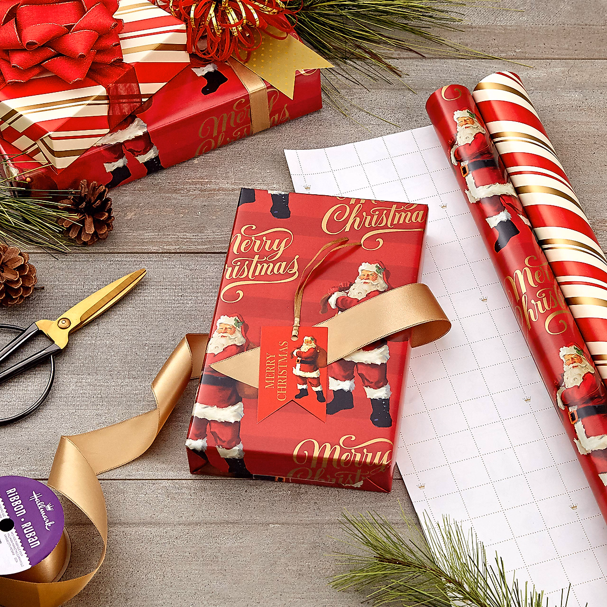 Hallmark Bulk Christmas Wrapping Paper with Cut Lines on Reverse (2 Jumbo Rolls: 160 sq. ft. ttl) Classic Santa Claus, Red and Gold Stripes, Dual-Pack (0005JXW1055)
