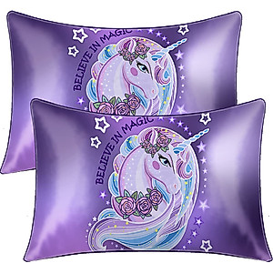 BlessLiving Satin Pillowcase for Hair and Skin Purple Unicorn Silk Pillow Shams with Envelope Closure Set of 2 Pack Slip Pillow Cases for Girls Women Gifts (Standard(20''x26''))