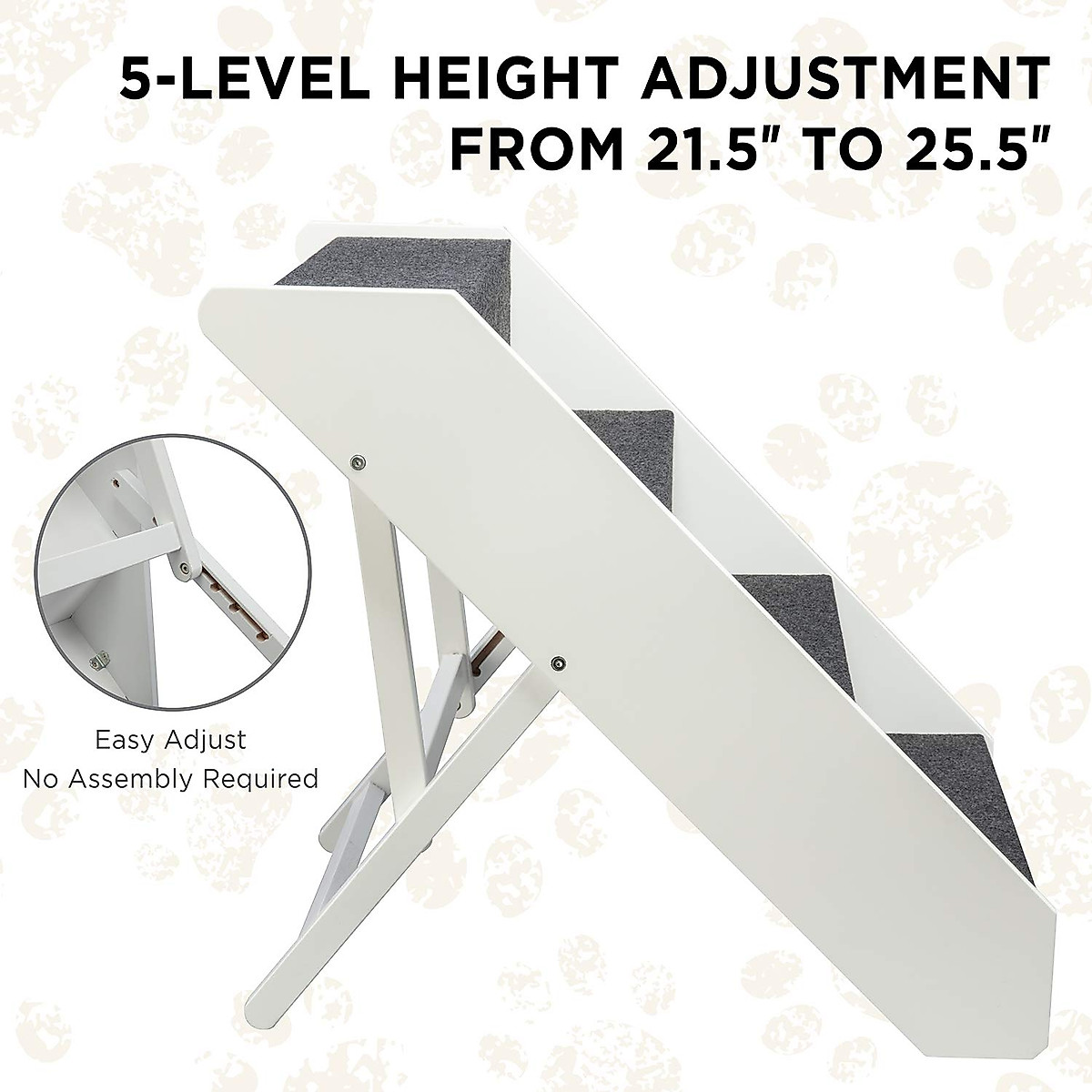 Arf Pets Wood Dog Stairs, 4 Levels Height Adjustment Wide Pet Steps, Foldable, White