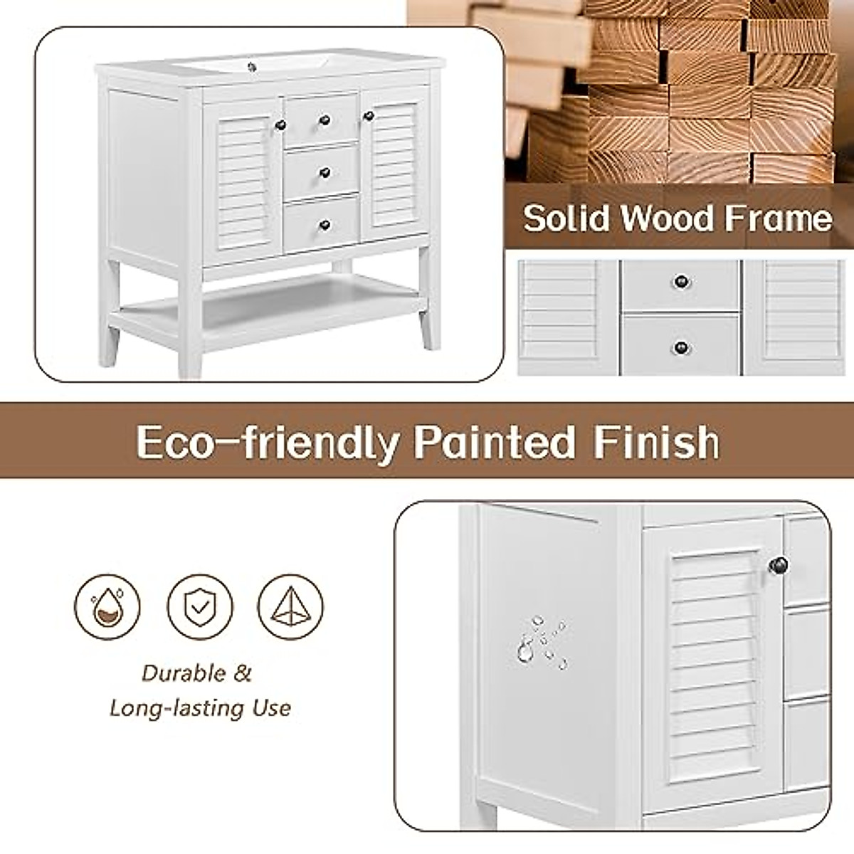 i-POOK 35" Bathroom Vanity Without Sink, Modern Undermount Bathroom Sink Cabinet with 2 Cabinets, 2 Drawers, Open Shelf and Adjustable Divider, Freestanding Bathroom Vanities, White