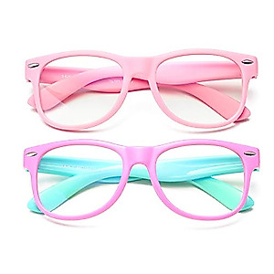 Bouryo Kids Blue Light Blocking Glasses, Fake Eyeglasses for Girls Boys Age 3-12 (Pink+Pink/Green)