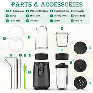 Portable Blender for Shakes and Smoothies, 850W Personal Blenders for Kitchen, 6 Blades Smoothie Blender with Grinder, 2 * 20oz To-Go Cup,17 Pieces Countertop Blender for Fruit Protein Drink Baby Food