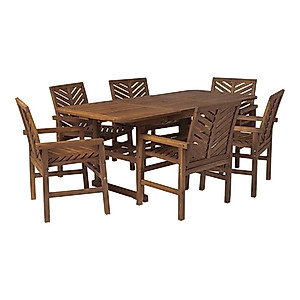 Walker Edison 6 Person Outdoor Wood Chevron Patio Furniture Dining Set Extendable Table Chairs All Weather Backyard Conversation Garden Poolside Balcony, 7 Piece, Dark Brown