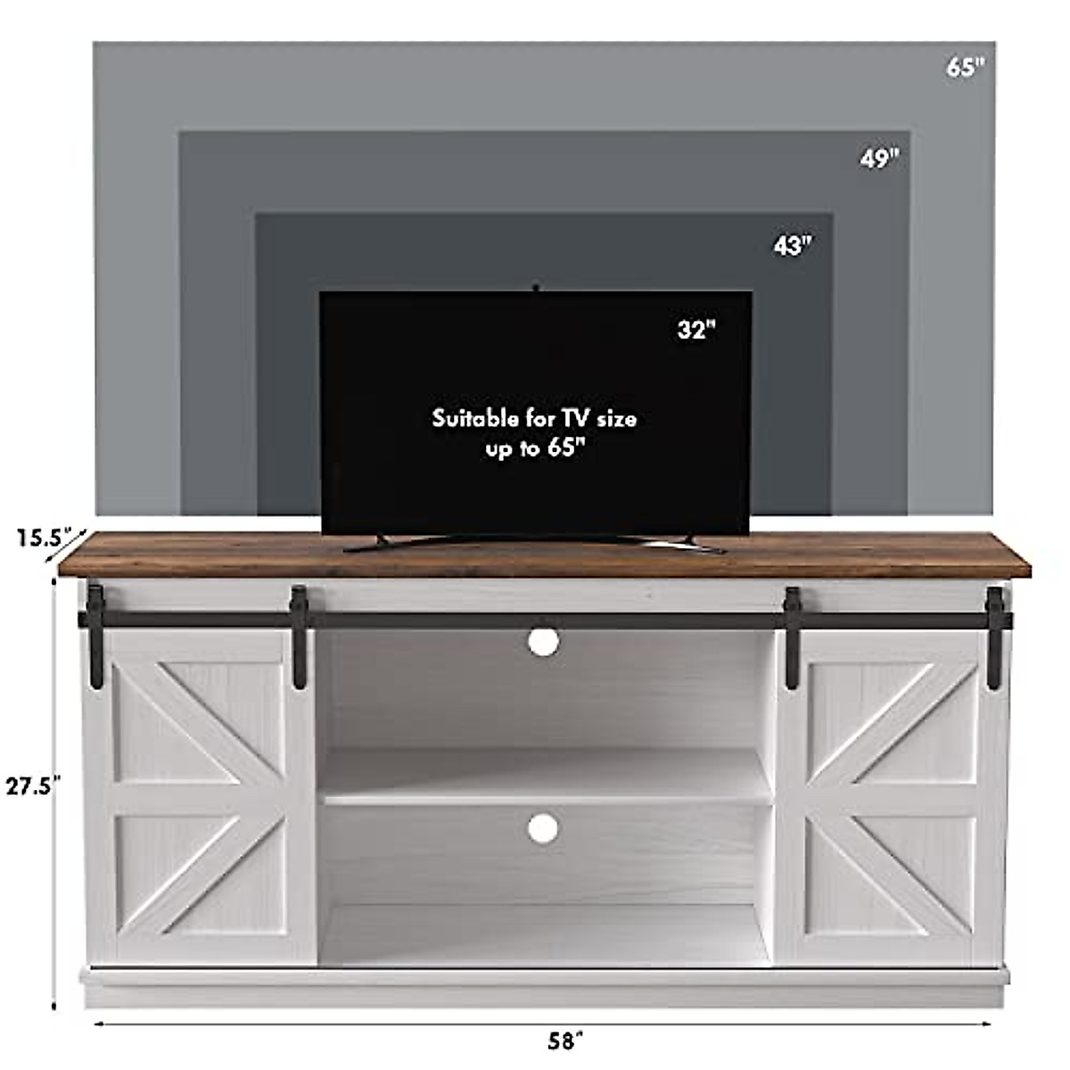 JUMMICO Farmhouse TV Stand up to 65 Inches, Mid Century Modern Entertainment Center with Sliding Barn Doors and Storage Cabinets, Metal Media TV Console Table for Living Room Bedroom (Bright White)